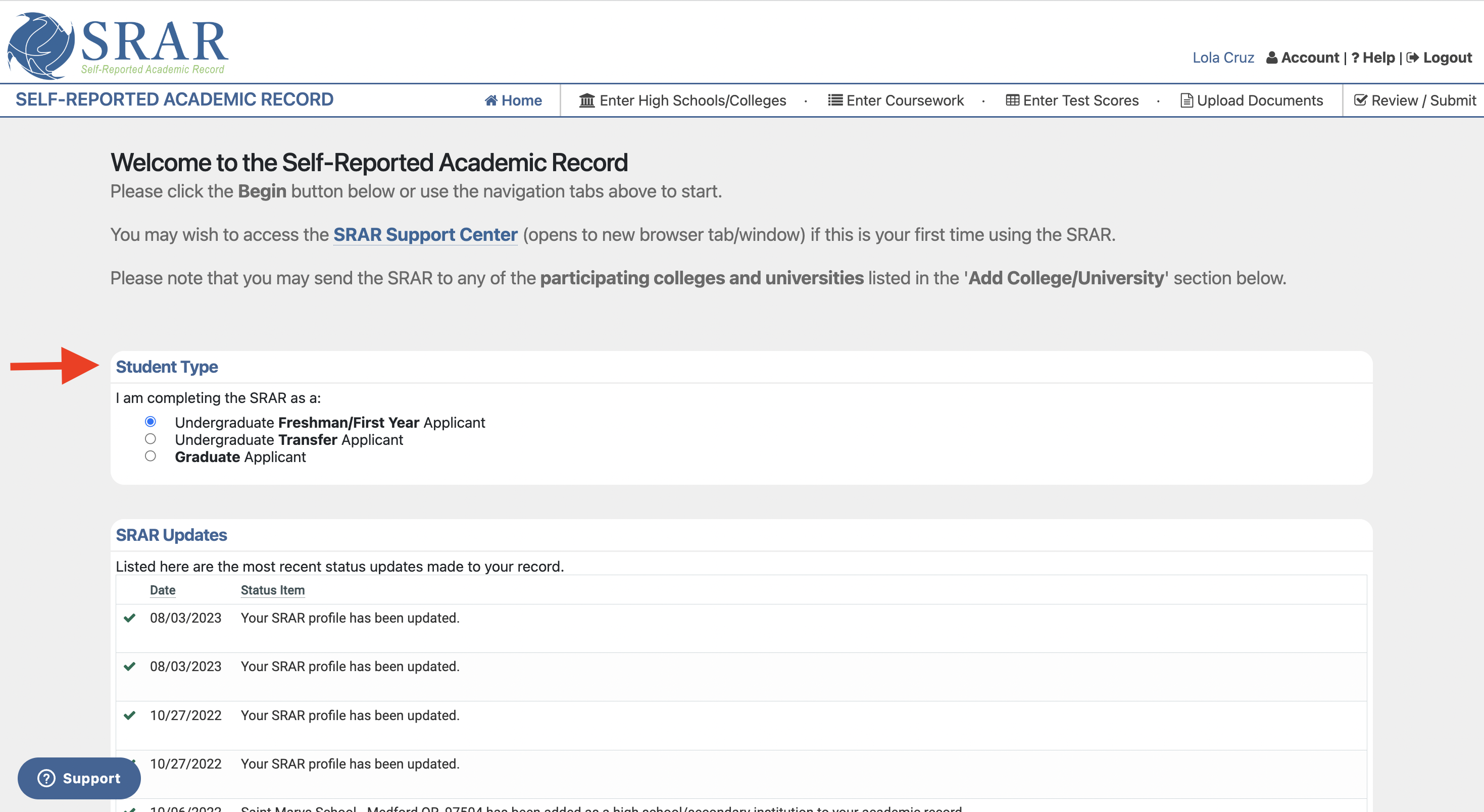 Student Type – Support Center